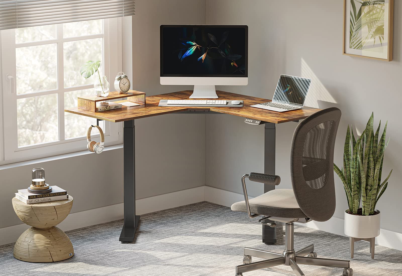 BANTI Dual Motor L-Shaped Electric Standing Desk, 48 Inches Adjustable Height Stand Up Desk, Sit Stand Home Office Desk with Rustic Brown Top/Black Frame