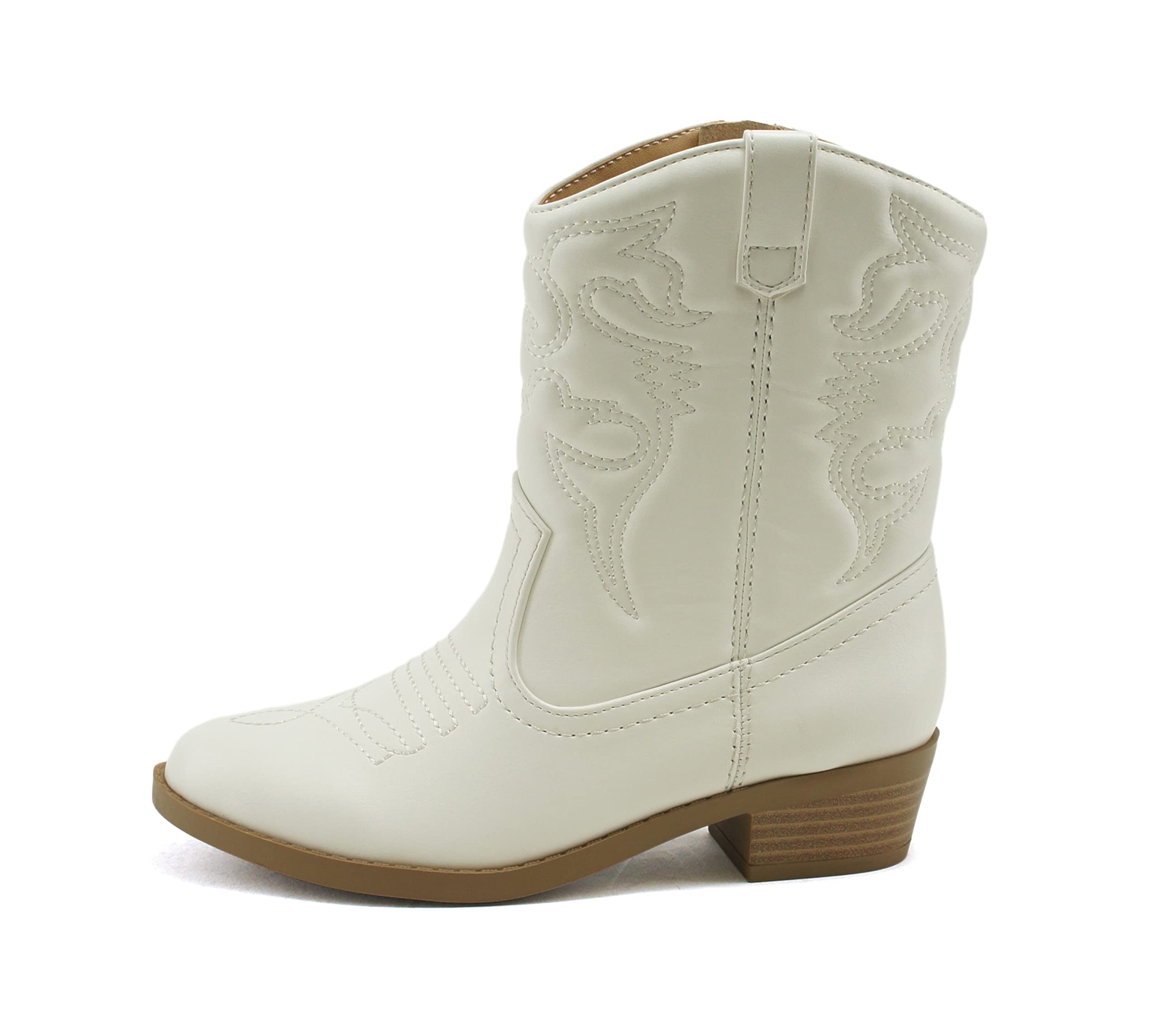 Soda RENO-2 Kids/Girls/Children Western Cowboy Stitched Pointe Toe Low Heel Ankle Mid Shaft Fashion Boots (1 LITTLE KID, WHITE PU, numeric_1)