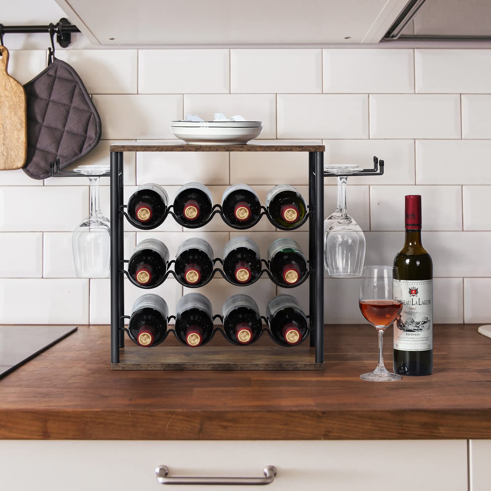 melos Wine Rack, 12 Bottle Wine Holder Stand for Table, 3 Tier Freestanding Small Wine Rack Countertop, Wine Shelf for Cabinet, Home, Kitchen, Bar, Hotel, Restaurant, Brown