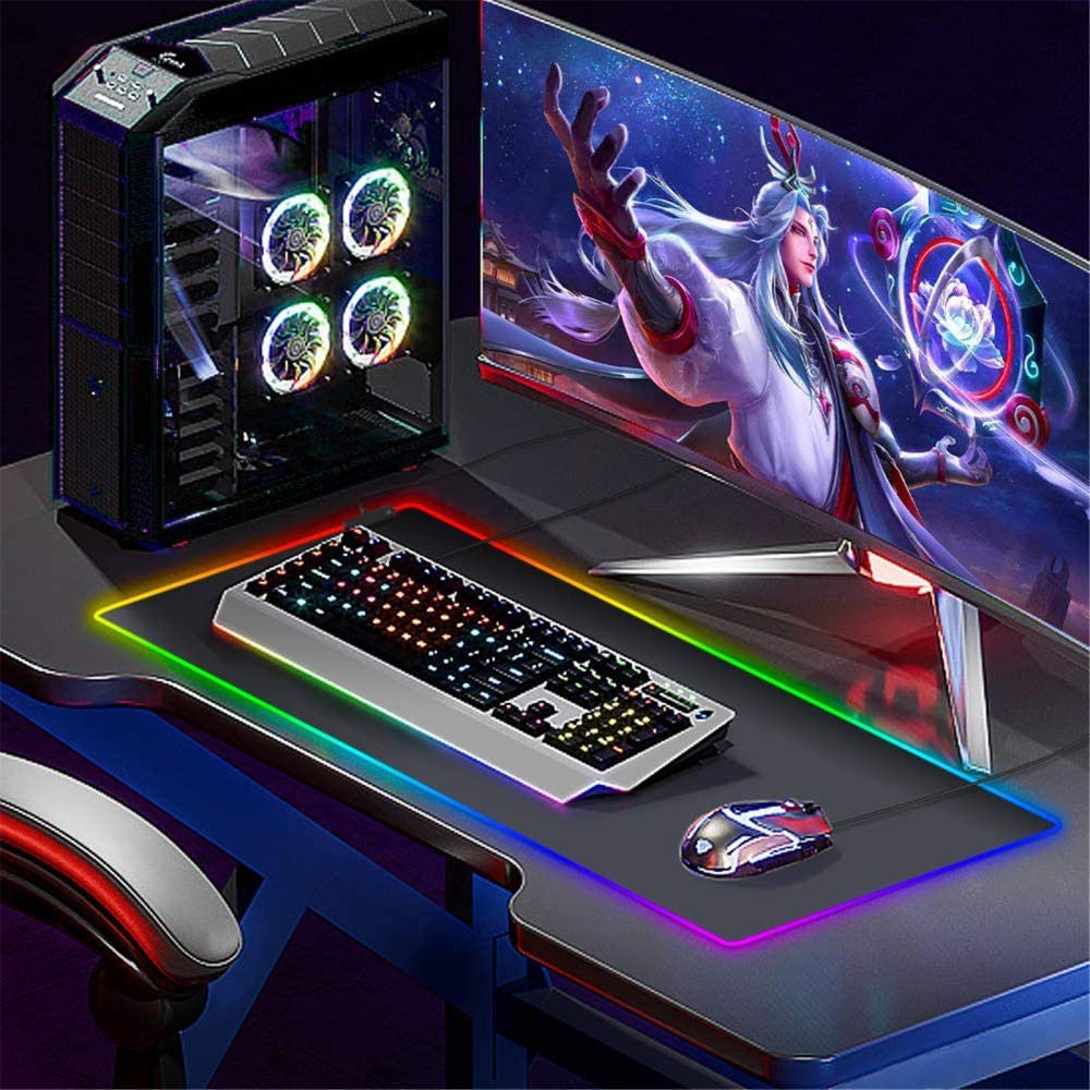 Blue Hexagon Geometric Pattern RGB LED Gaming Mouse Pad - Large Pad RGB Gaming Mat with Easy to Clean Waterproof Surface - Anti-Slip Rubber Base 11.81"x23.62"