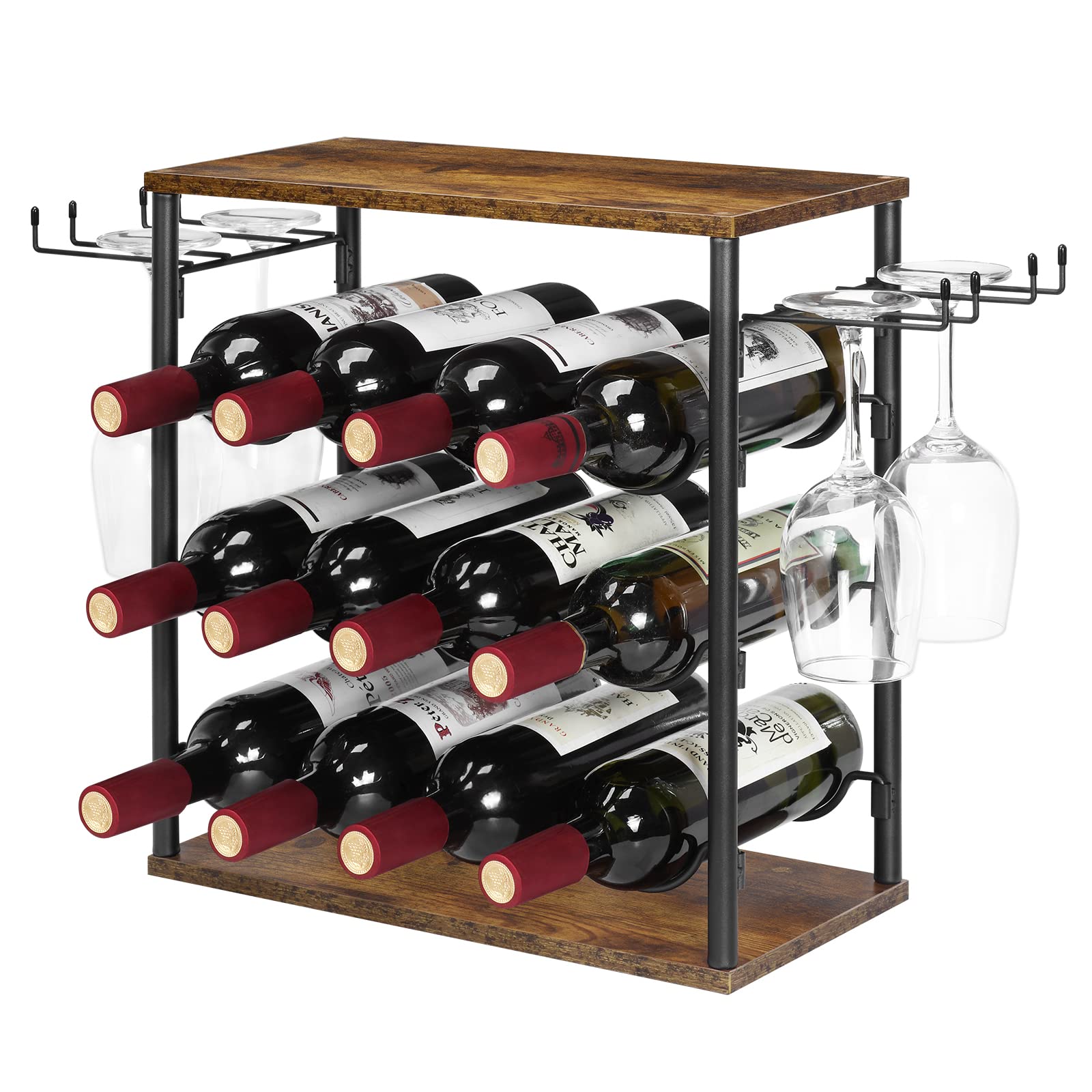 melos Wine Rack, 12 Bottle Wine Holder Stand for Table, 3 Tier Freestanding Small Wine Rack Countertop, Wine Shelf for Cabinet, Home, Kitchen, Bar, Hotel, Restaurant, Brown
