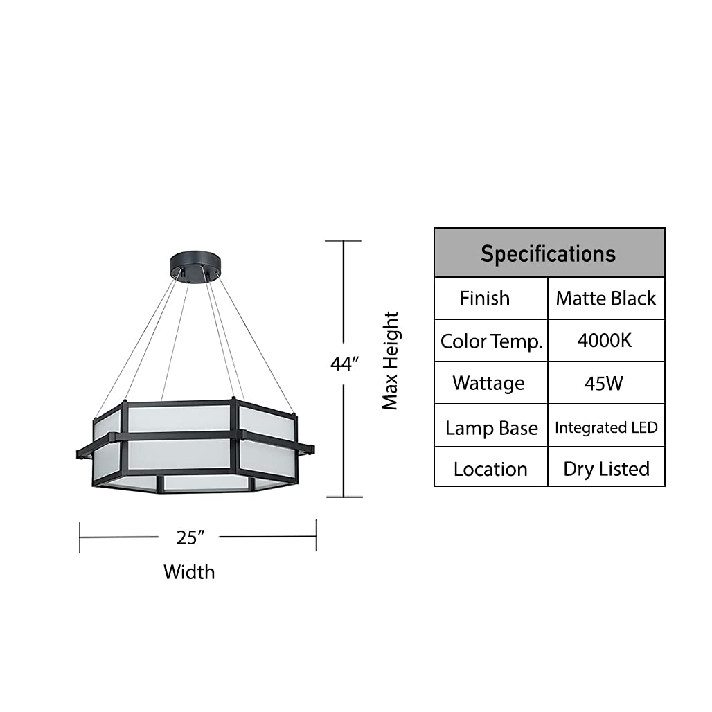 Vivio Lighting LED Hexagon Chandelier Matte Black Light Fixture Entry Way Frosted Glass Ceiling Light Farmhouse Dining Room Bedroom 45W 4000K