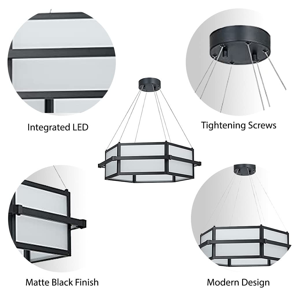 Vivio Lighting LED Hexagon Chandelier Matte Black Light Fixture Entry Way Frosted Glass Ceiling Light Farmhouse Dining Room Bedroom 45W 4000K