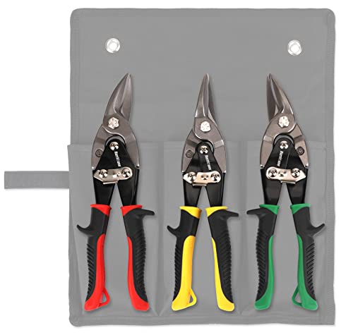 Hurricane 3 pc Aviation Tin Snips Set, Metal Cutter Shear for Cut Sheet Metal, Chrome Vanadium Steel, Straight Left and Right, Ergonomical TyreGrip Handle with Hang Hole and Safety Latch