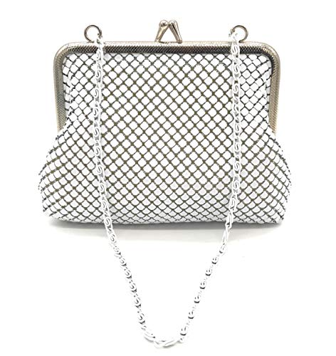 X-Small Women clutch metal mesh purse Hand carry chain for Cocktail Party Prom Wedding Banquet (White)