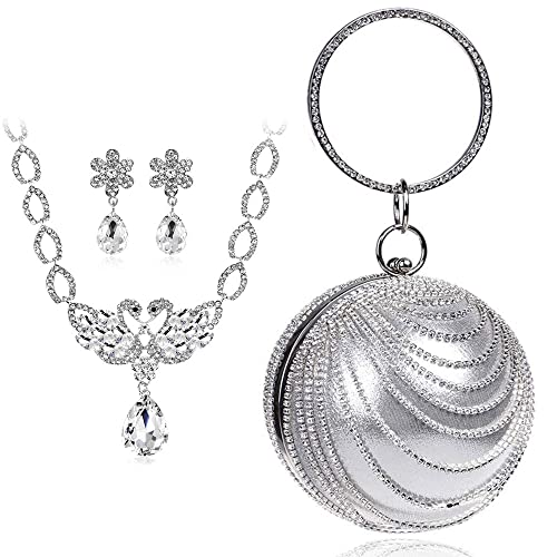 Round Clutch tassel Purse Women Crystal Evening Bag for Wedding Party Women's Ball Shape Crystal Evening Clutch Purse Wedding Party HandBags With Necklace Earrings Set(Silver)