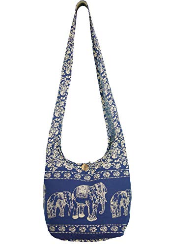 PumPumpz Hippie Boho Elephant Crossbody Bohemian Gypsy Sling Shoulder Bag Medium Size (Twins Elephant Navy)