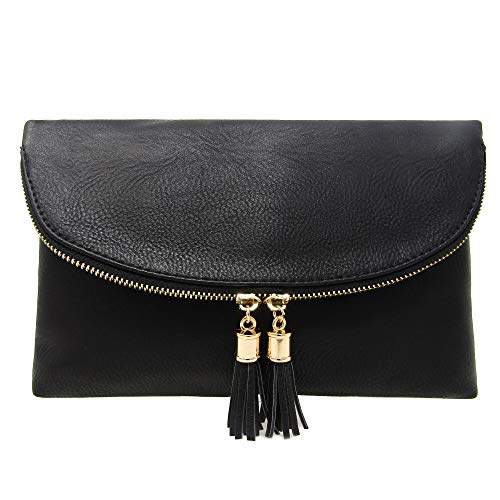 Solene Women's Envelop Clutch Crossbody Bag With Tassels Accent (WU075-Black)