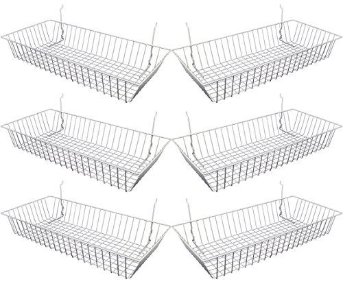 Epoxy Chrome Wire Basket for Pegboard, Slatwall or Gridwall (Set of 6), Merchandiser Baskets, Perfect For Commercial or Retailer, 24” L x 12” D x 4” H, Shallow Baskets (White)