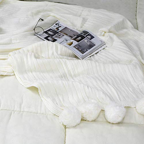 TEALP Pom Pom Blanket White Cotton Knitted Throw Blanket with Pom Poms (Cream White, 40''x60'')
