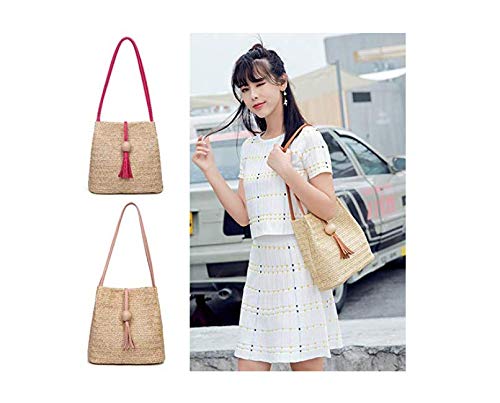 COPYLOVE Handle Straw Bag, Women's Summer Bucket Bag Shoulder Straw Wooden Ball Fringe Messenger Bag Hot (#2)