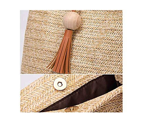 COPYLOVE Handle Straw Bag, Women's Summer Bucket Bag Shoulder Straw Wooden Ball Fringe Messenger Bag Hot (#2)
