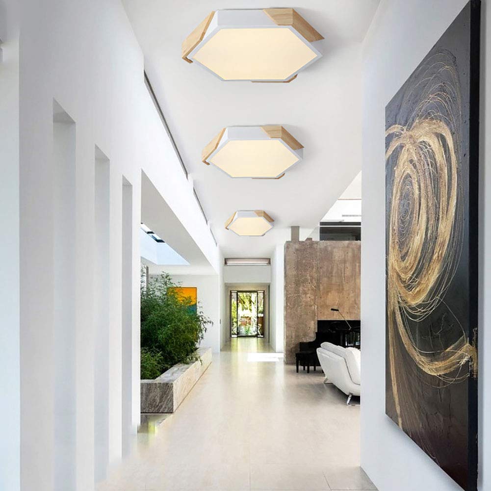 ZZZYZ Modern White Wooden LED Ceiling Light Fixture with Remote Ceiling Lamp Dimmable Hexagon Ceiling Light for Living Room Bedroom Kitchen Hallway Entry-Cold White Light 40cm