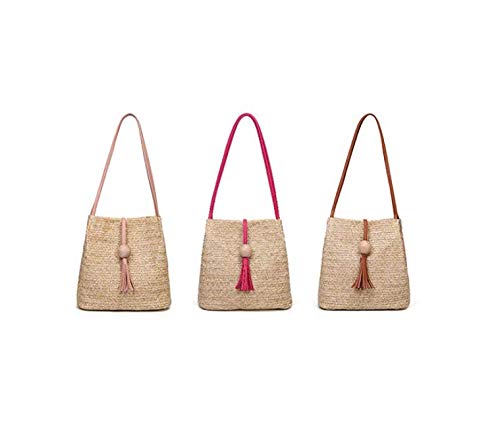 COPYLOVE Handle Straw Bag, Women's Summer Bucket Bag Shoulder Straw Wooden Ball Fringe Messenger Bag Hot (#2)