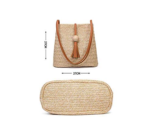 COPYLOVE Handle Straw Bag, Women's Summer Bucket Bag Shoulder Straw Wooden Ball Fringe Messenger Bag Hot (#2)