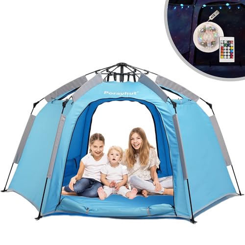 Portable Hexagon Kids Play Tent with LED Strip Lights Indoor Children Play House Easy Set-up Space Tent Dream Tent for Night.4-5 Person Large Tent & Birthday Gifts