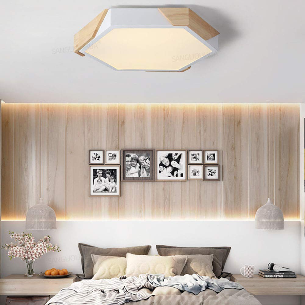 ZZZYZ Modern White Wooden LED Ceiling Light Fixture with Remote Ceiling Lamp Dimmable Hexagon Ceiling Light for Living Room Bedroom Kitchen Hallway Entry-Cold White Light 40cm
