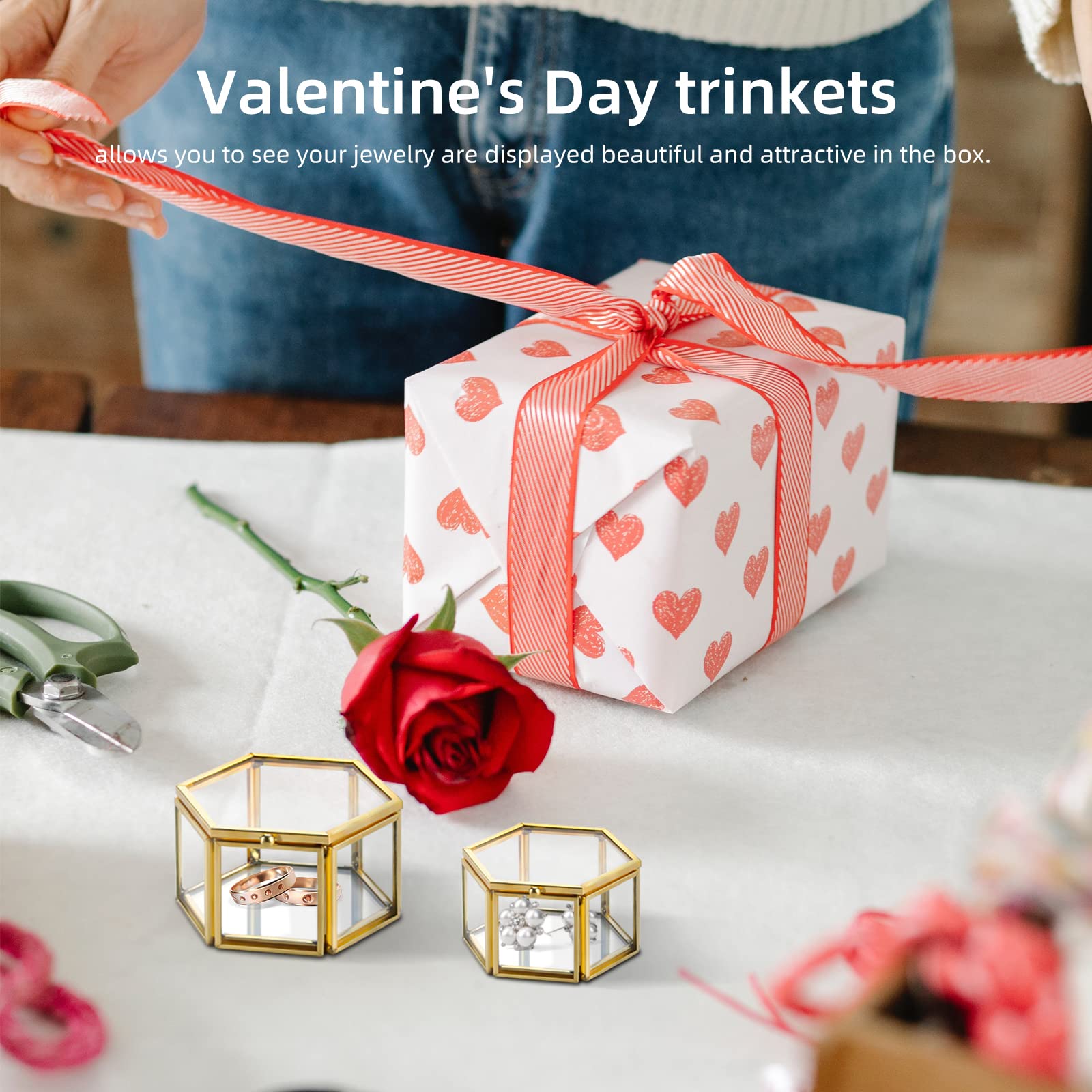 BEAUTY ONE HOME Small Glass Jewelry Box Golden Geometric Decorative Box Ring Earring Display Hexagon Keepsake Box for Wedding Birthday Gift