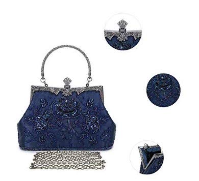 UBORSE Women's Embroidered Beaded Clutch Bag Sequin Evening Navy Blue Large Wedding Party Purse Vintage Bags