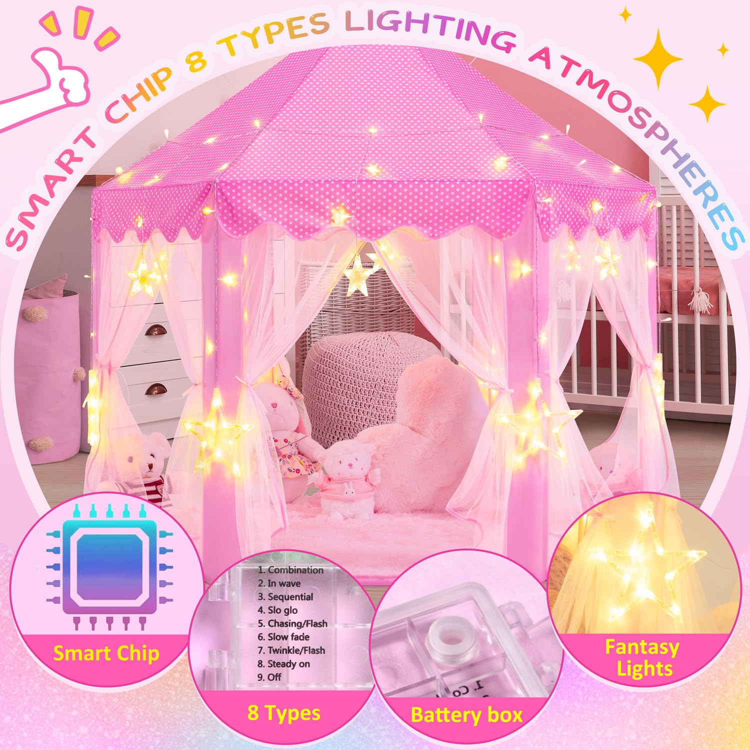 EVOIONOS Pink Girls Princess Tent with Large Star Lights and White Princess Rug