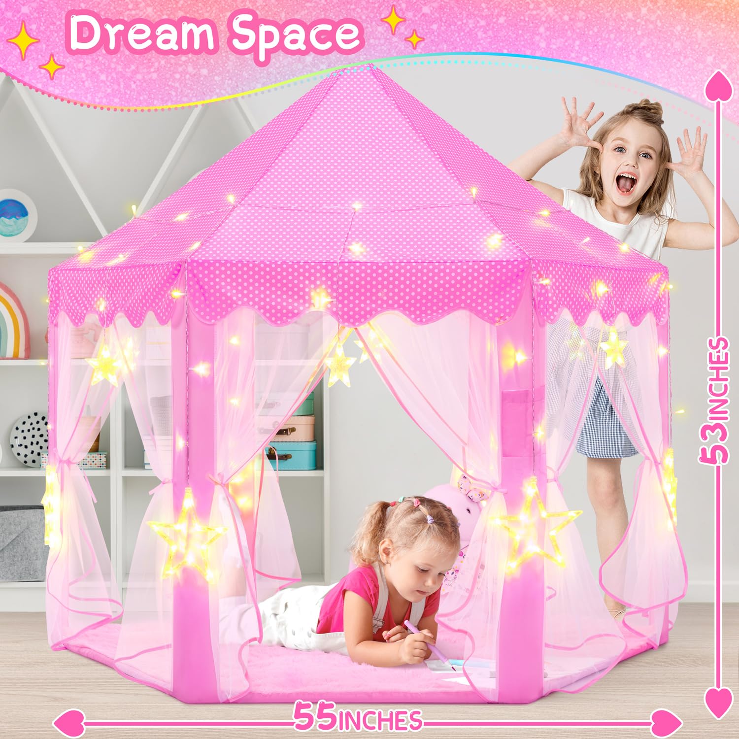 EVOIONOS Pink Girls Princess Tent with Large Star Lights and White Princess Rug