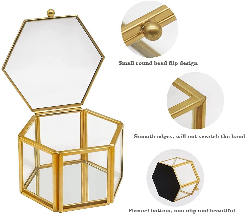 BEAUTY ONE HOME Small Glass Jewelry Box Golden Geometric Decorative Box Ring Earring Display Hexagon Keepsake Box for Wedding Birthday Gift