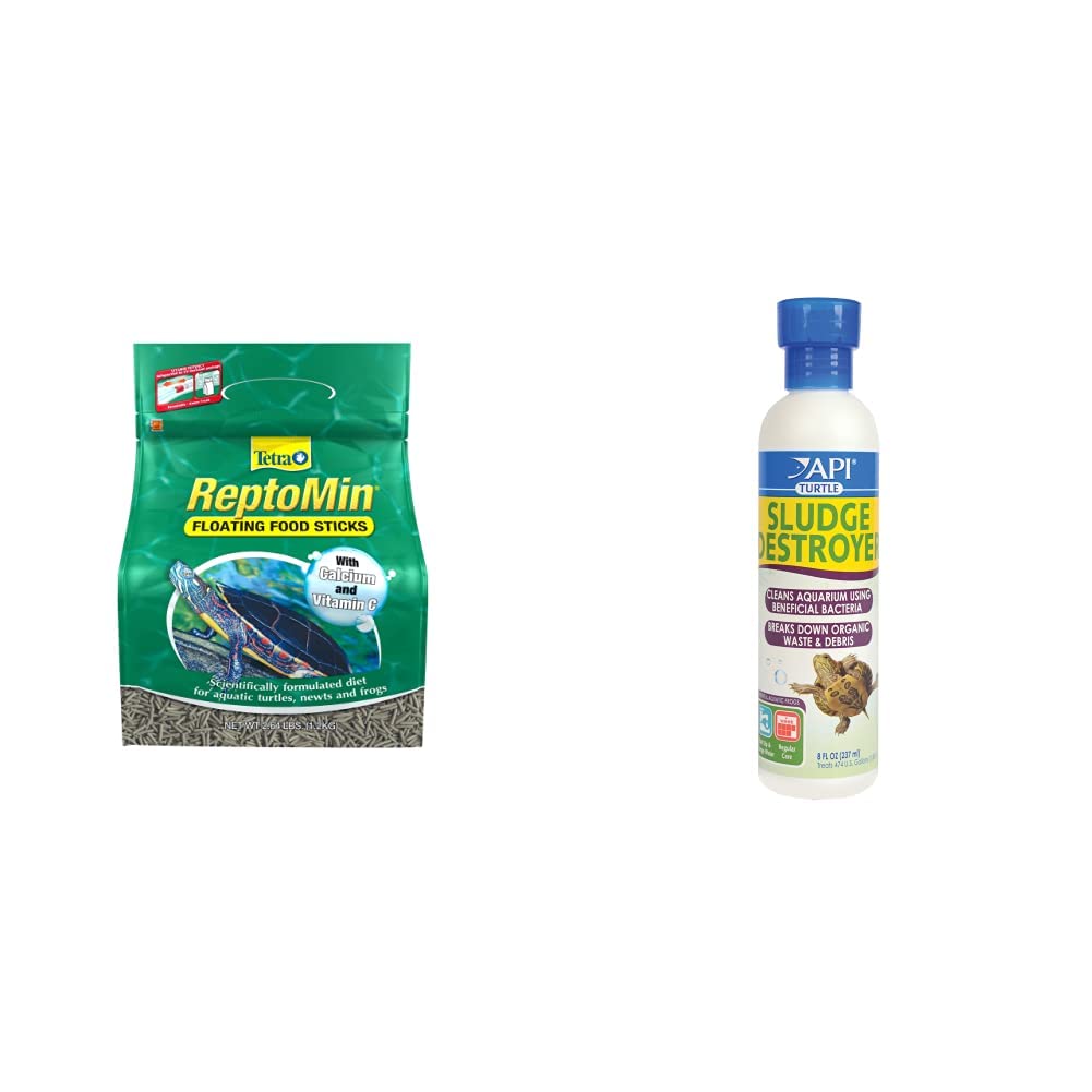 Tetra ReptoMin Floating Food Sticks for Aquatic Turtles, Newts and Frogs 2.64 Pound (Pack of 1) and API Turtle Sludge Destroyer Aquarium Cleaner and Sludge Remover Treatment 8-Ounce Bottle Bundle