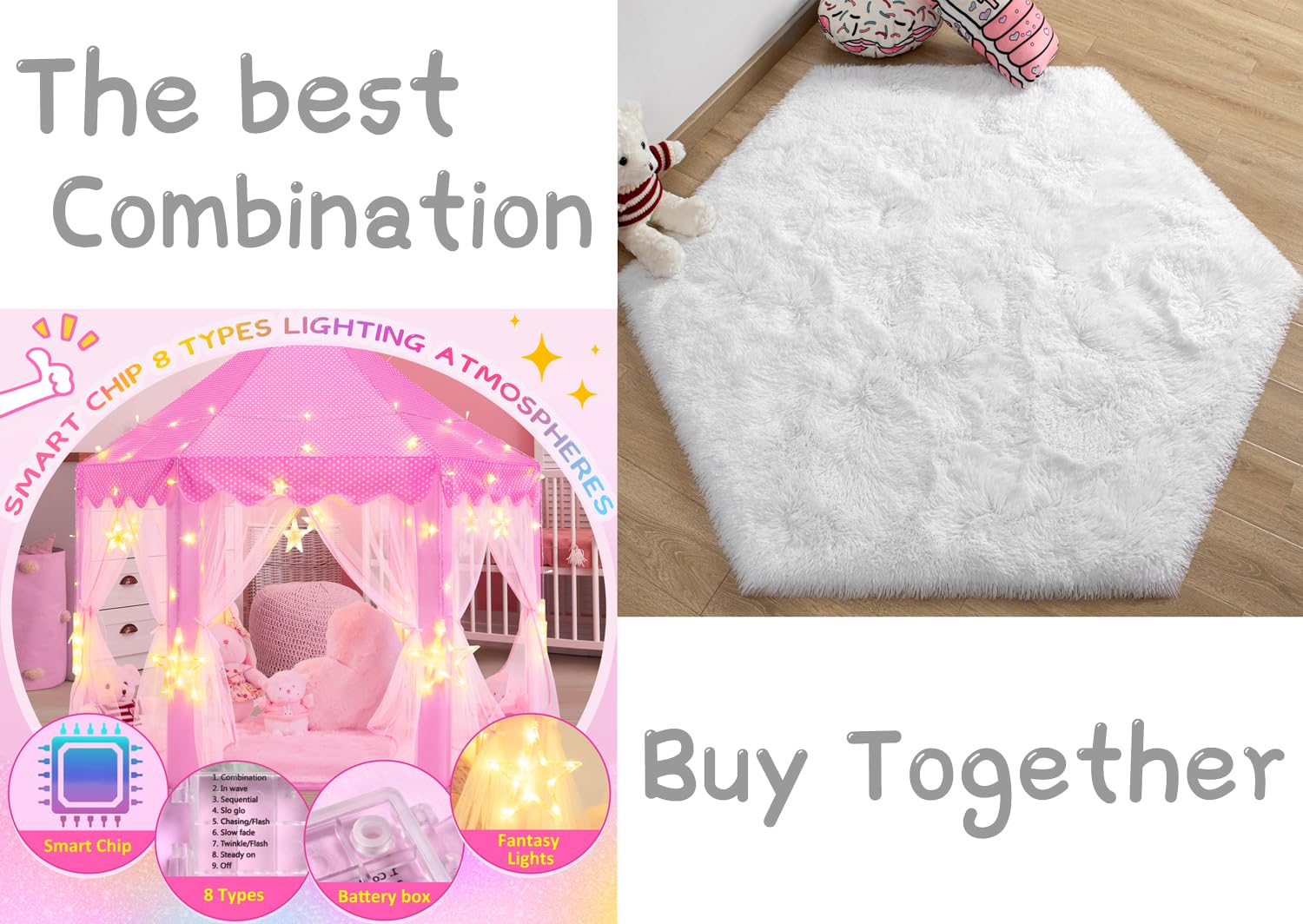 EVOIONOS Pink Girls Princess Tent with Large Star Lights and White Princess Rug