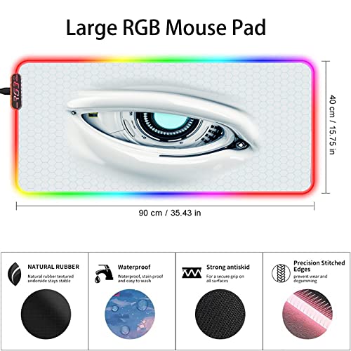 Gaming Mouse Pads Hexagon Shaped White RGB Gaming Mouse Pad Abstract Eyes Large Led Desk Mouse Mat Locking Edge Extended Keyboard Pad with Rubber Base 30X60Cm