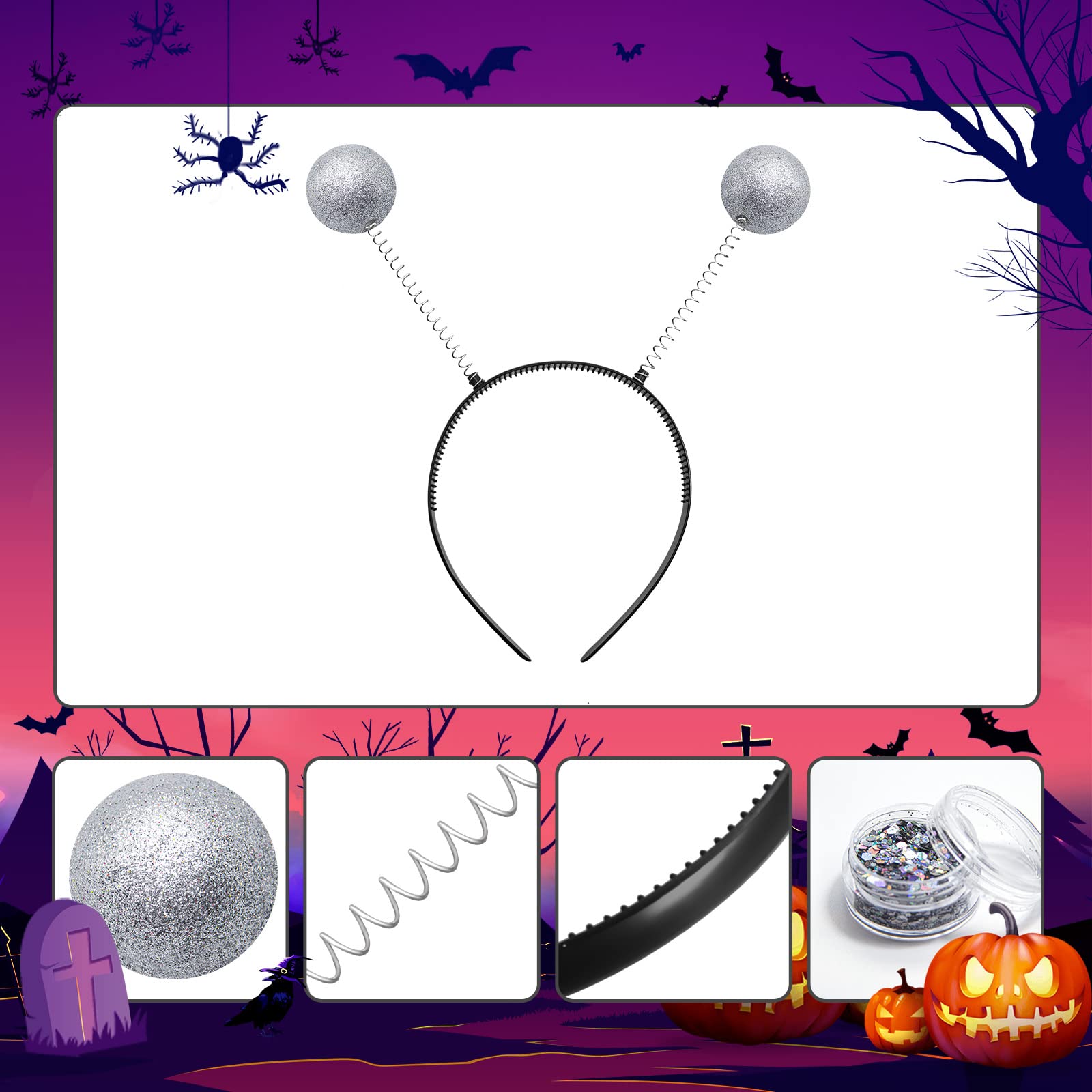 Alien Headband with Martian Antenna Ball and Face Glitter - Halloween Cosplay Boppers for Women Girls (Silver)