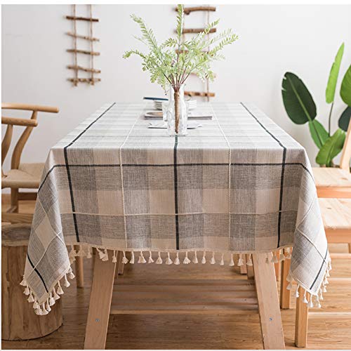 ColorBird Embroidery Checkered Tassel Tablecloth Heavy Weight Cotton Linen Plaid Dust-Proof Table Cover for Kitchen Dinning Tabletop Decoration (Rectangle/Oblong, 55 x 70 Inch, Gray/White)