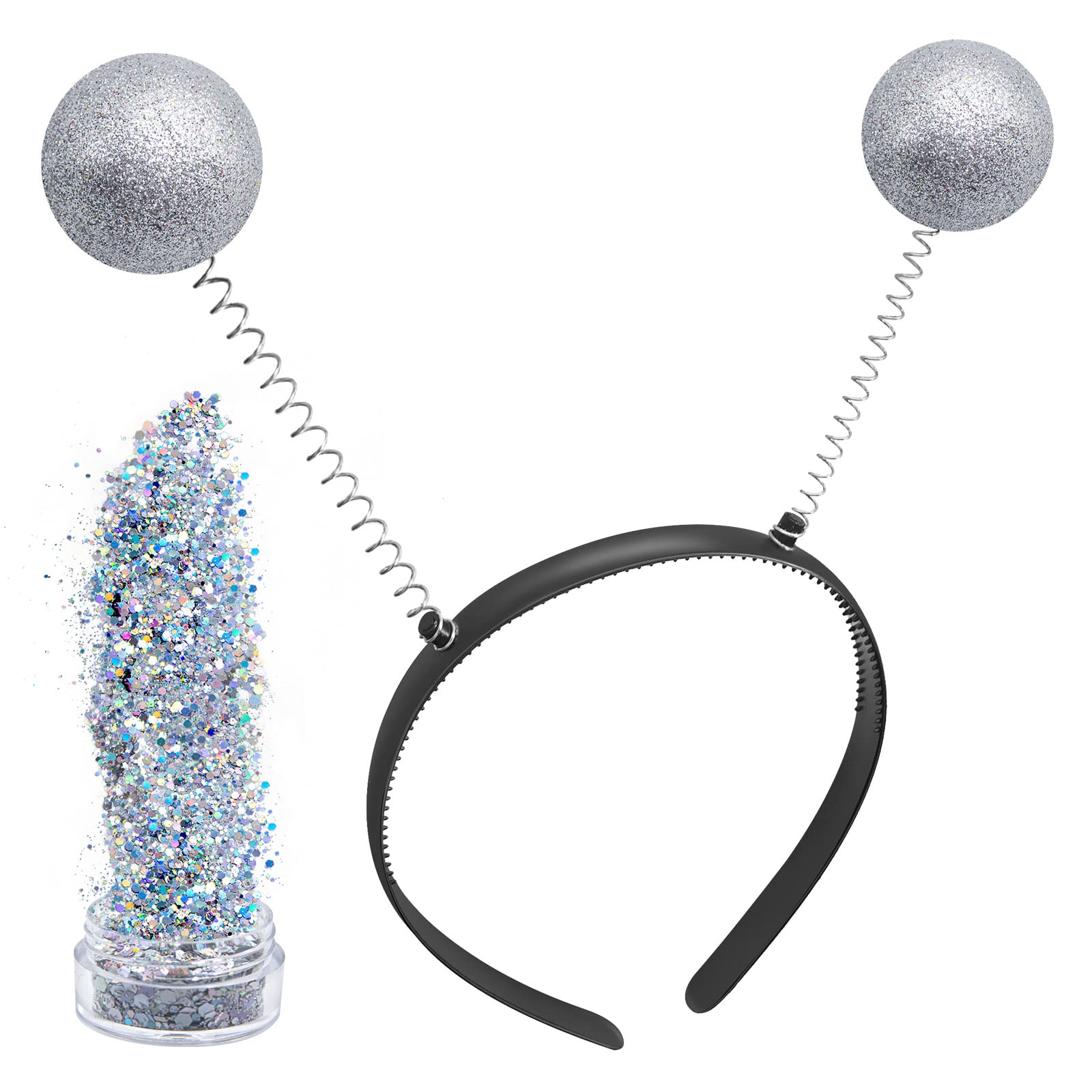 Alien Headband with Martian Antenna Ball and Face Glitter - Halloween Cosplay Boppers for Women Girls (Silver)