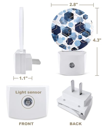 ILYBEEN Modern Geometric Seamless Art LED Night Lights Plug-in Nightlight with Auto Dusk to Dawn Sensor,Blue Gold Hexagon on White Round Lamp for Bedroom,Hallway,Bathroom