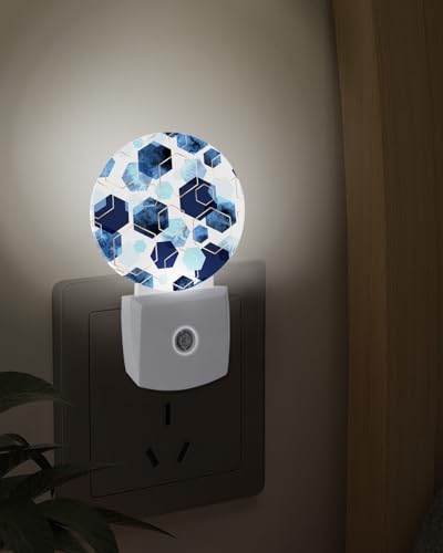 ILYBEEN Modern Geometric Seamless Art LED Night Lights Plug-in Nightlight with Auto Dusk to Dawn Sensor,Blue Gold Hexagon on White Round Lamp for Bedroom,Hallway,Bathroom