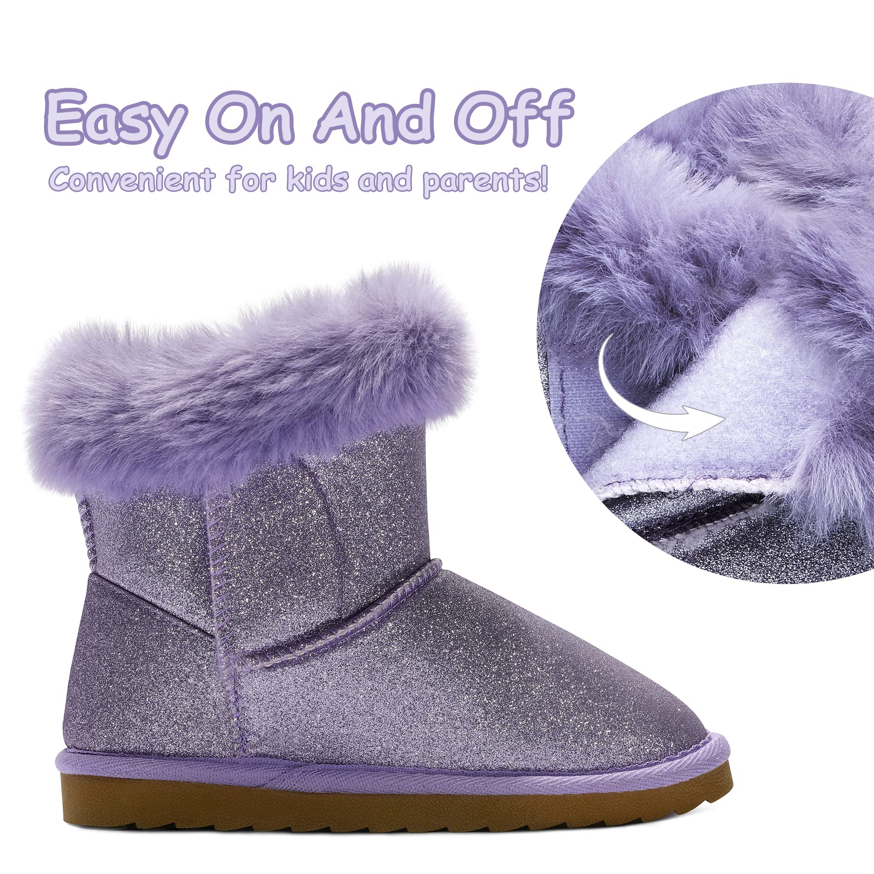 K KomForme Girls Snow Boots Warm Fur Lined Glitter Strap Winter Shoes Lightweight with Hook-and-loop(Toddler/Little Kids/Big Kids)