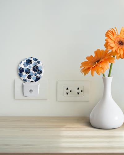 ILYBEEN Modern Geometric Seamless Art LED Night Lights Plug-in Nightlight with Auto Dusk to Dawn Sensor,Blue Gold Hexagon on White Round Lamp for Bedroom,Hallway,Bathroom