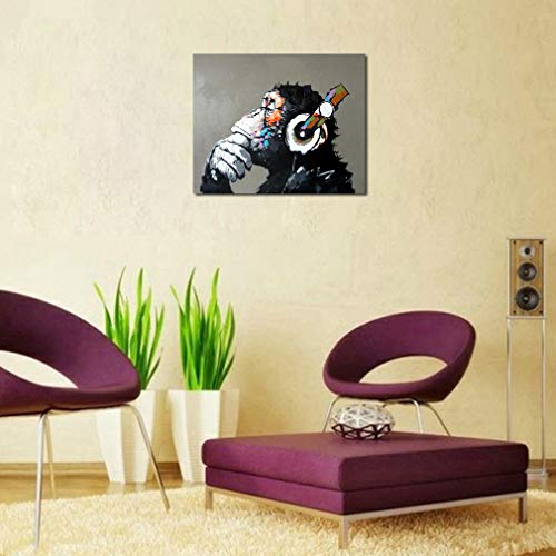 Muzagroo Art Music Monkey with Headphone Oil Paintings Hand Painted on Canvas Wall Art for Living Room Chimps Media Room Art M