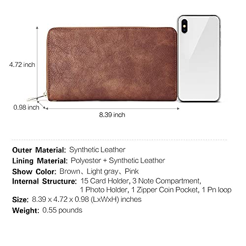 CLUCI Women Wallet Large Leather RFID Blocking Designer Zip Around Card Holder Organizer Ladies Travel Clutch Wristlet Brown