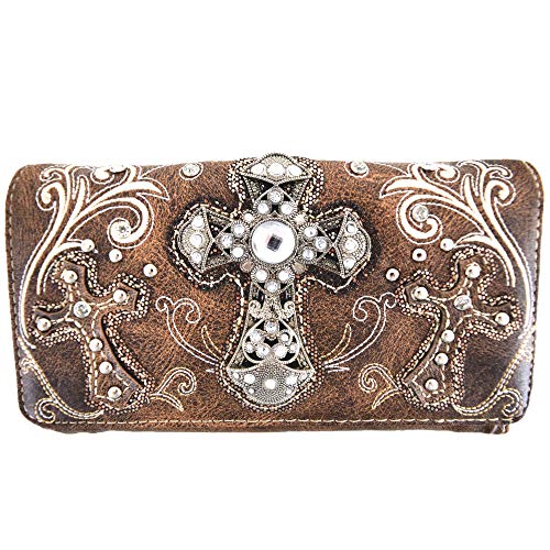 Western Style Rhinestone Cross Totes Purse Concealed Carry Handbags Women Country Shoulder Bag Wallet Set (Brown Set)