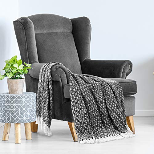 Americanflat 100% Cotton Throw Blanket for Couch - 50x60 - All Seasons Neutral Lightweight Cozy Soft Throws for Bed, Sofa or Chair.door or Outdoor [Black and White Mini Diamond Pattern]