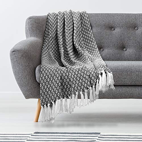 Americanflat 100% Cotton Throw Blanket for Couch - 50x60 - All Seasons Neutral Lightweight Cozy Soft Throws for Bed, Sofa or Chair.door or Outdoor [Black and White Mini Diamond Pattern]