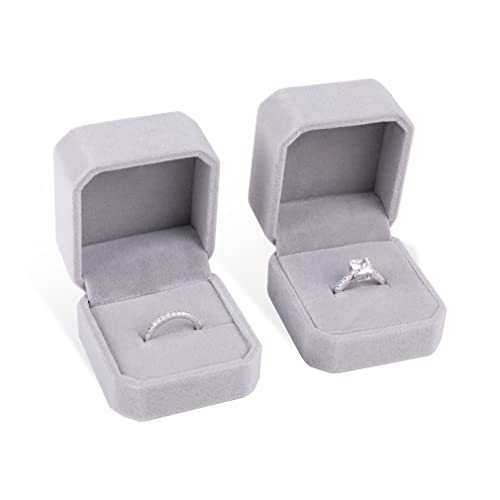 iSuperb Set of 2 Gray Velvet Couple Ring Box Earring Jewelry Case Gift Boxes 2.2x1.9x1.6inch.