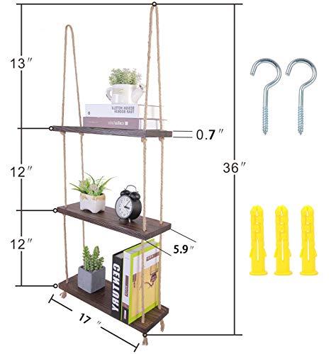 HXSWY Rustic Rope Hanging Shelves for Wall Wood Window Plant Shelf Indoor 3 Tier Dark Brown