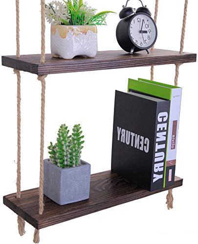 HXSWY Rustic Rope Hanging Shelves for Wall Wood Window Plant Shelf Indoor 3 Tier Dark Brown