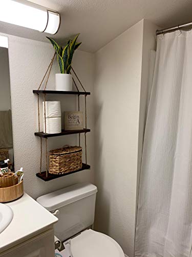 HXSWY Rustic Rope Hanging Shelves for Wall Wood Window Plant Shelf Indoor 3 Tier Dark Brown