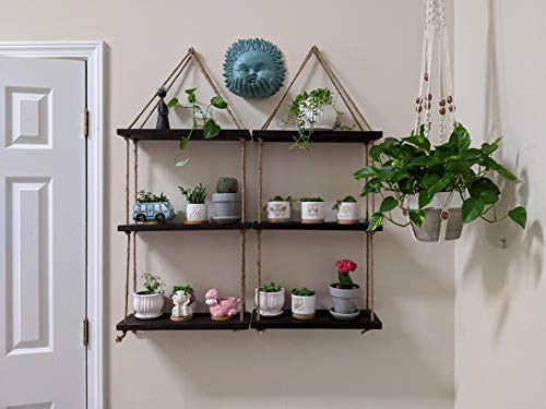 HXSWY Rustic Rope Hanging Shelves for Wall Wood Window Plant Shelf Indoor 3 Tier Dark Brown