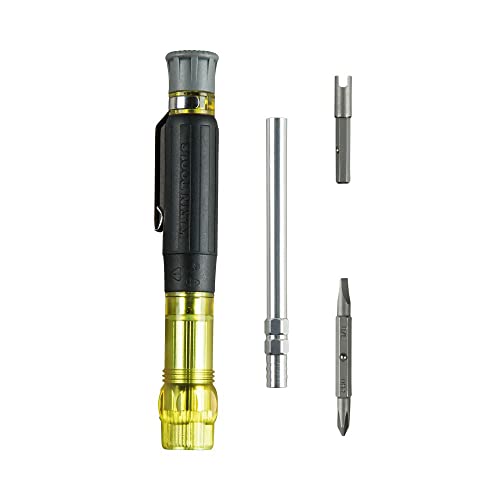 Klein Tools 32613 Multi-Bit Screwdriver, Precision HVAC 3-in-1 Pocket Screwdriver with Phillips, Slotted and Schrader Bits