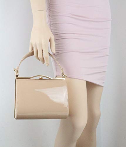 Girly HandBags Glossy Patent Faux Leather Clutch Bag Handle Closure Evening Handbag Nude