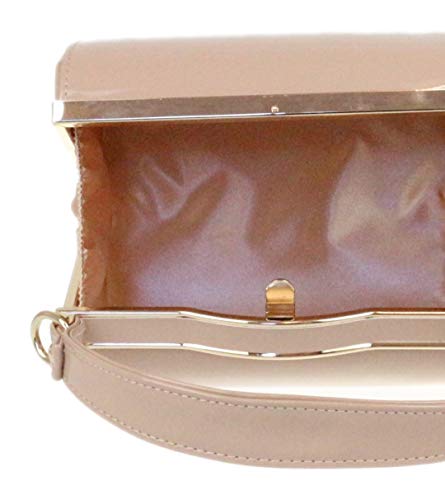 Girly HandBags Glossy Patent Faux Leather Clutch Bag Handle Closure Evening Handbag Nude
