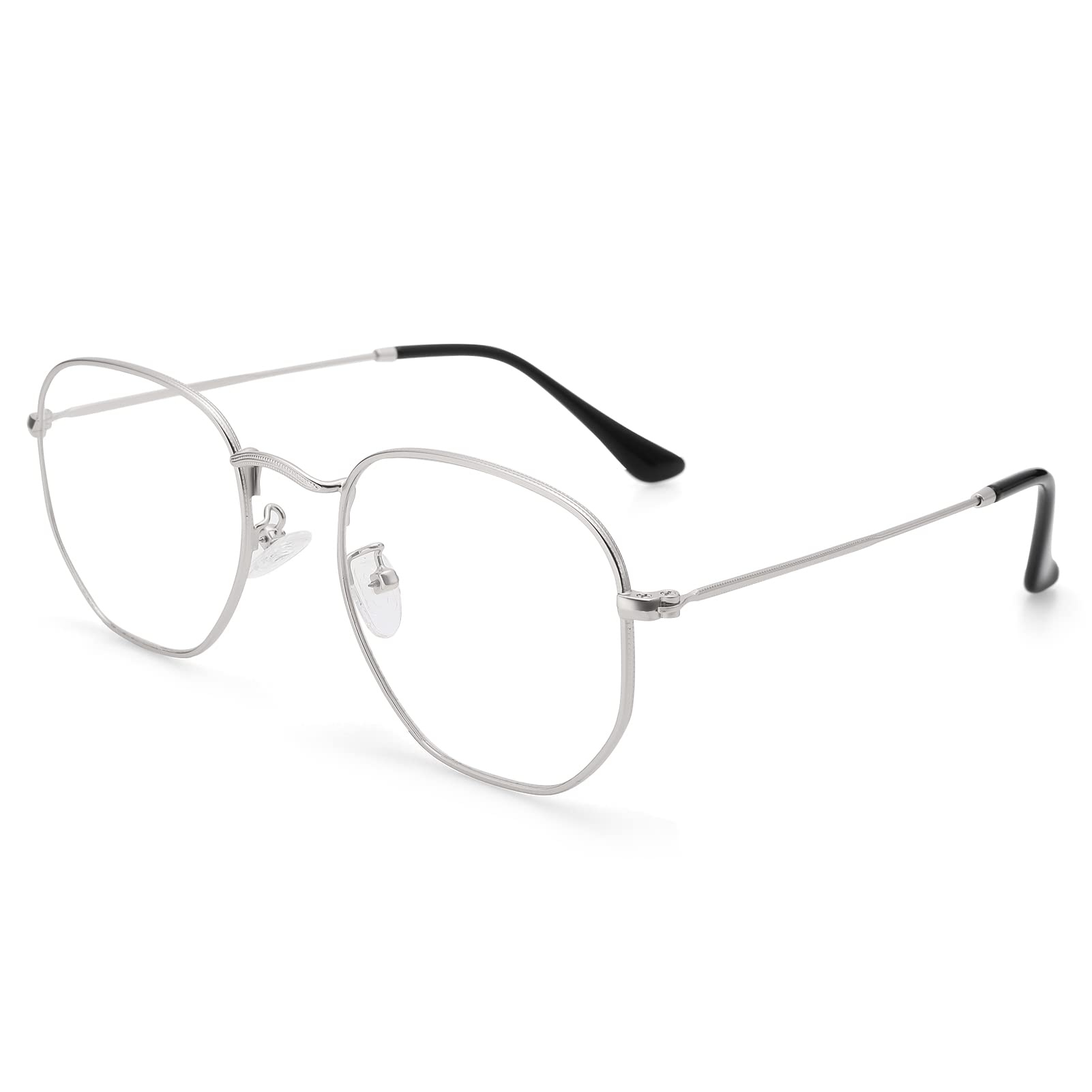 Pro Acme Hexagonal Non-Prescription Glasses Frame for Women Men Designer Square Round Metal Clear Lens Eyeglasses (Silver)